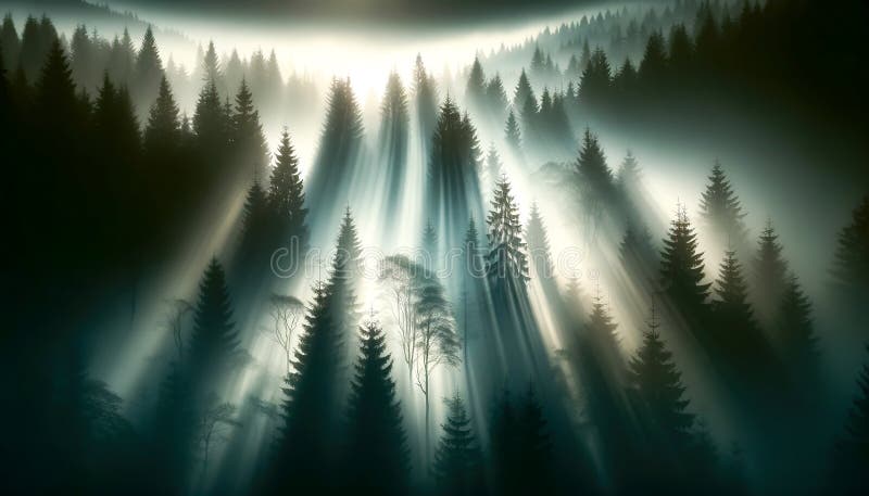 The Haunting Beauty of a Foggy Forest at Dawn, with Light Rays Piercing ...