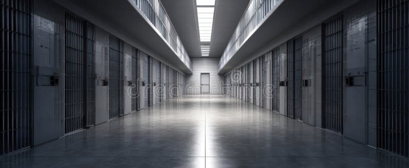 The Haunting Corridor of an Empty Modern Prison with Stark Lighting. AI ...