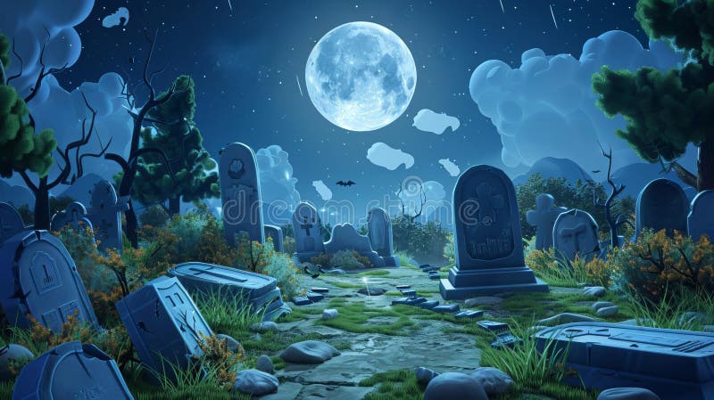 218 Haunting 3D Cartoon Graveyard Under a Full Moon with Spirits ...
