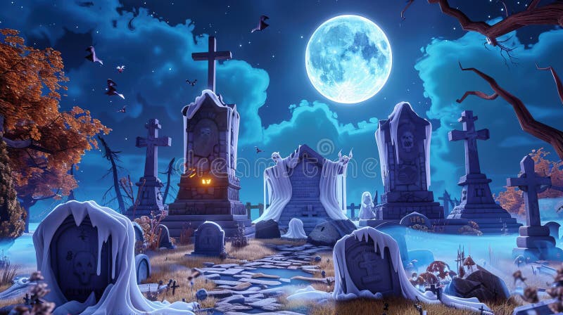 218 Haunting 3D Cartoon Graveyard Under a Full Moon with Spirits ...