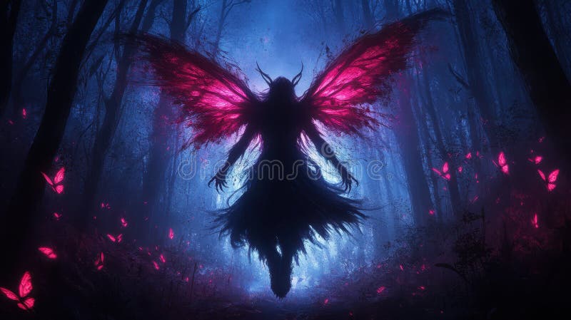 Haunting Demon with Butterfly Wings in Mystical Forest Stock ...