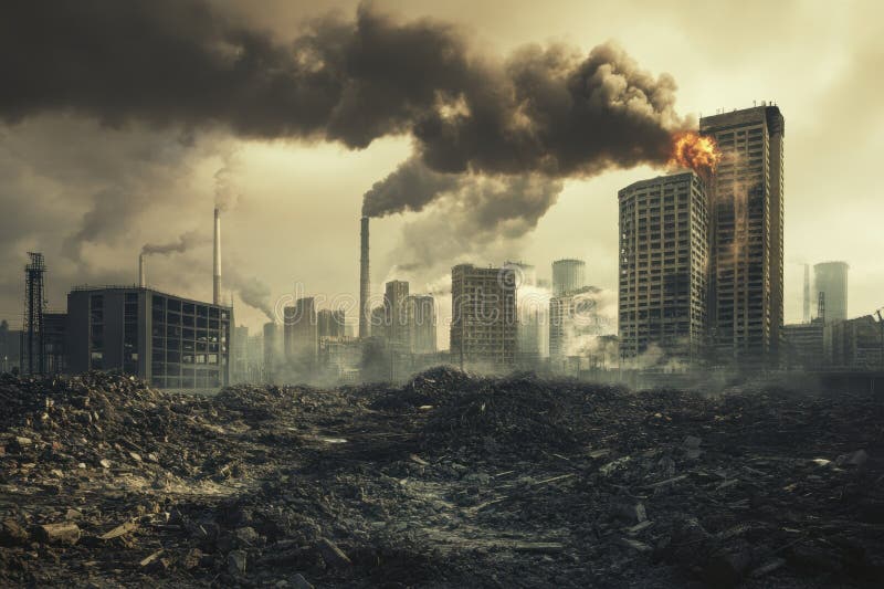Destruction and Decay in a Post-apocalyptic Cityscape with Burning ...