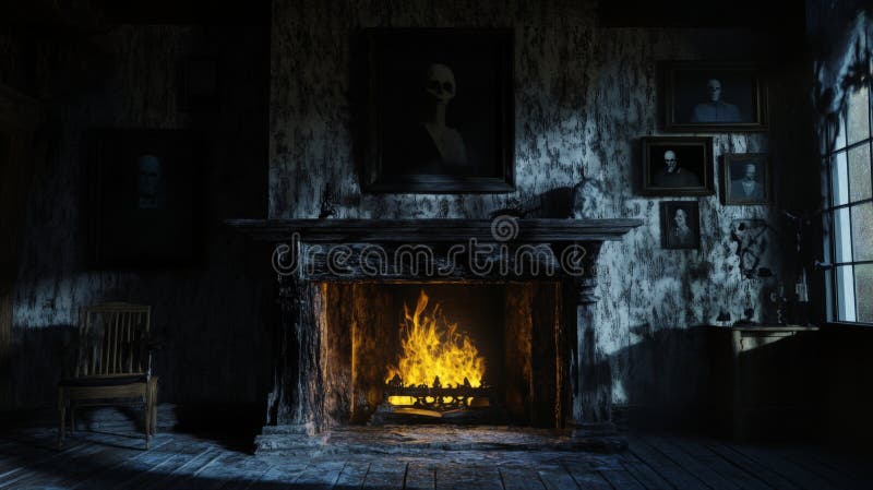 A Haunting Fireplace in a Dark and Eerie Room Stock Photo - Image of ...