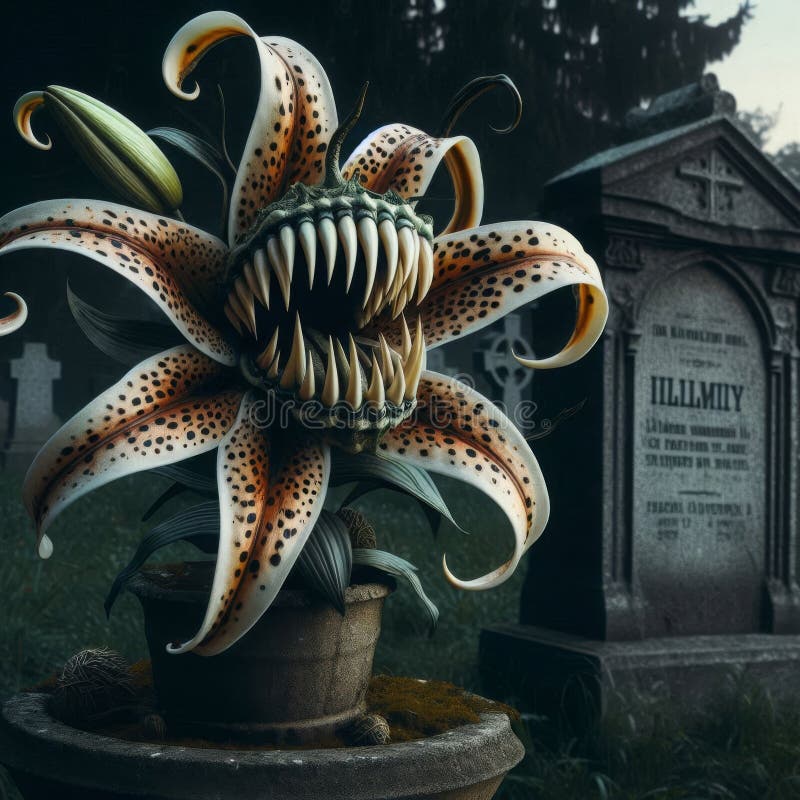 Haunting Flower with Sharp Teeth on a Graveyard Stock Illustration ...