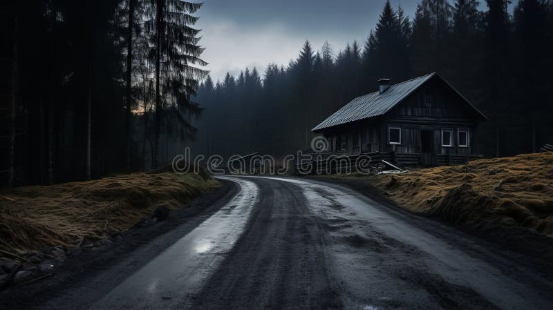 Enigmatic Wooden Cabin in a Mysterious Dark Forest Stock Illustration ...