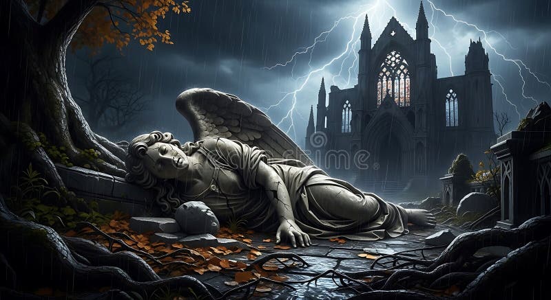 Dark Gothic Fantasy Scene with Fallen Angel and Stormy Sky Stock ...