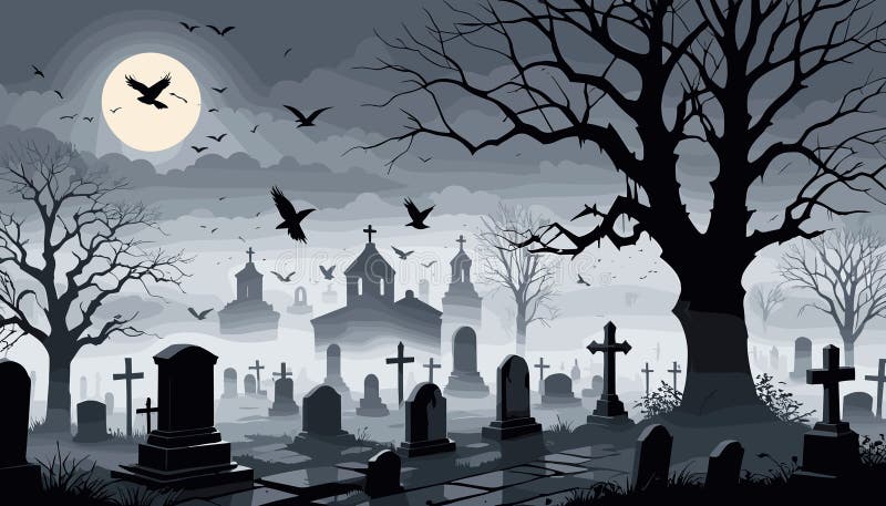 Spooky Graveyard with Full Moon and Crows Stock Vector - Illustration ...