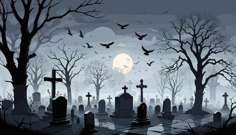 Spooky Graveyard with Full Moon and Crows Stock Vector - Illustration ...