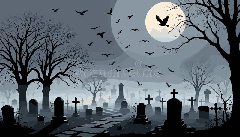 Spooky Graveyard with Full Moon and Crows Stock Vector - Illustration ...