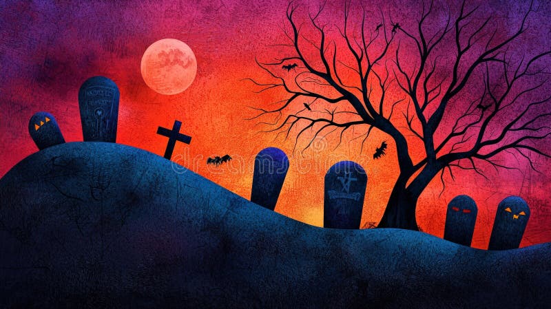 Haunting Graveyard Scene at Night with a Full Moon and Spooky Tree ...