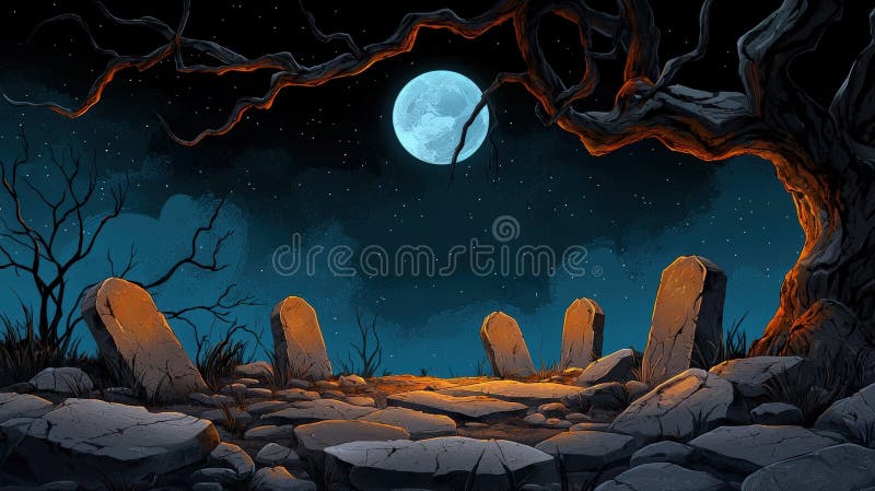 Haunting Graveyard Scene Under a Full Moon with Eerie Stones and ...
