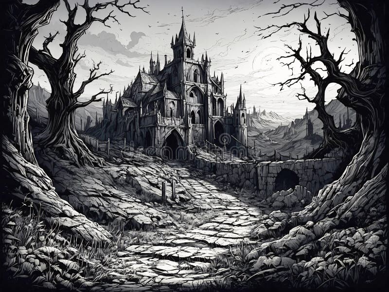 A Shrouded Landscape, Black and White Gothic Illustration, AI ...
