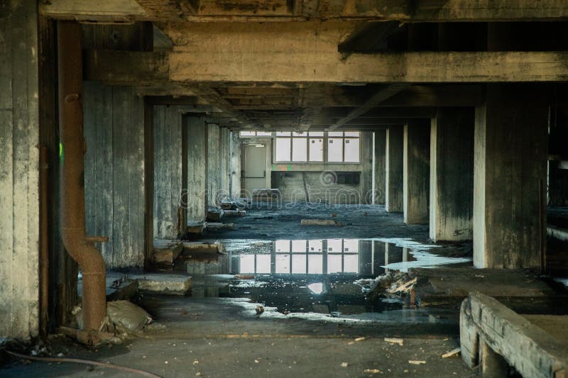 Abandoned Industrial Basement with Concrete Columns and Flooded Floor ...