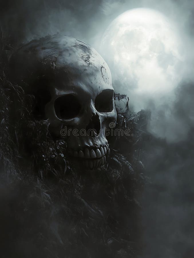 Eerie skull in dark mist stock photo. Image of evil - 336237352