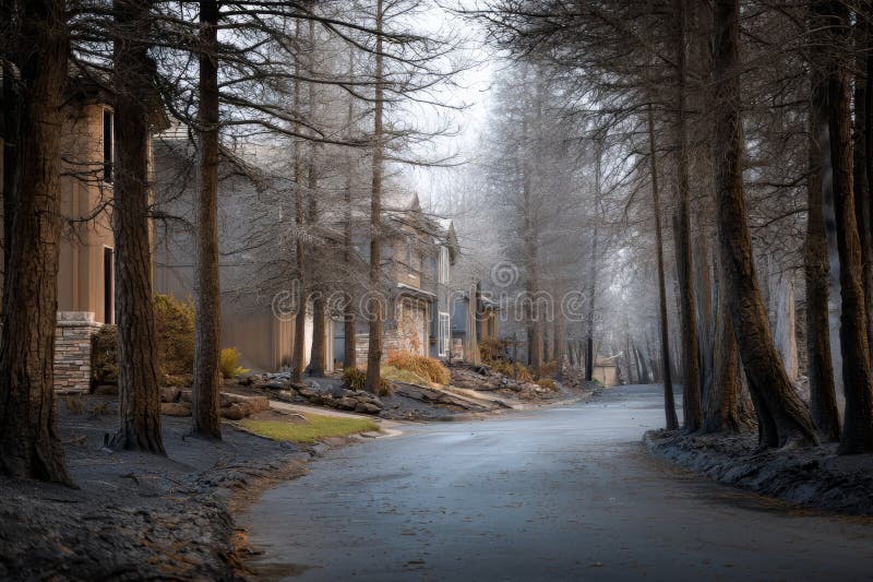 A Desolate Road with a Charred House Amidst Forest Fire Aftermath: the ...