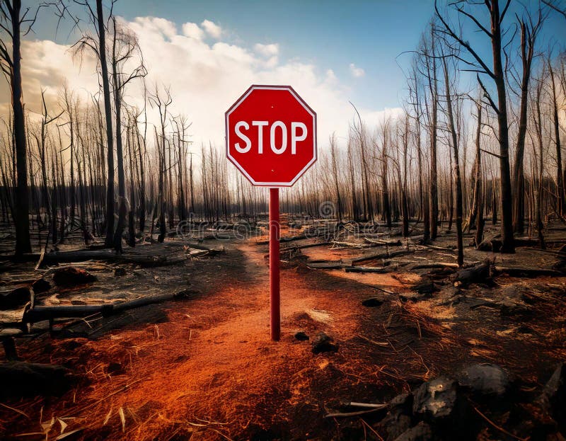 Stop Sign in Burned Forest after Wildfire Stock Illustration ...