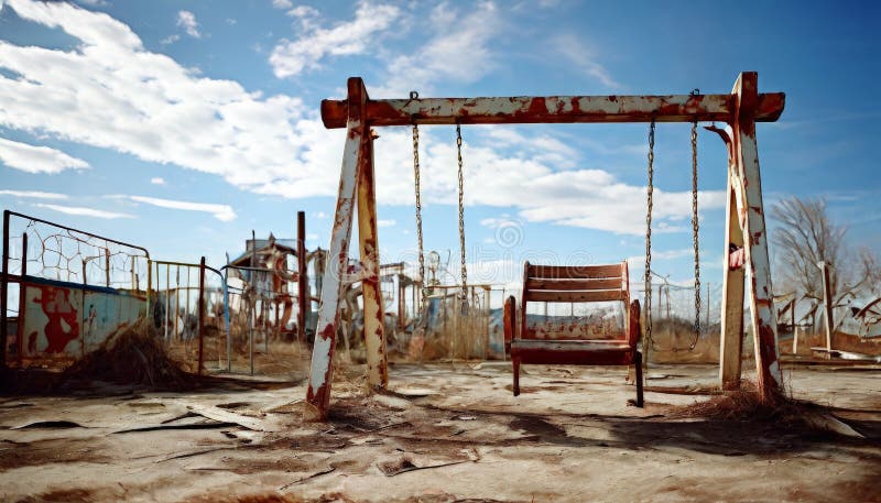 Abandoned Swing in Desolate Playground Under a Bright Blue Sky Stock ...