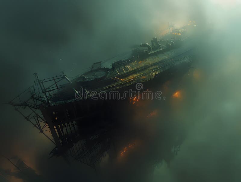A Haunting Image of a Shipwreck Engulfed in Fog and Dimly Lit by an ...