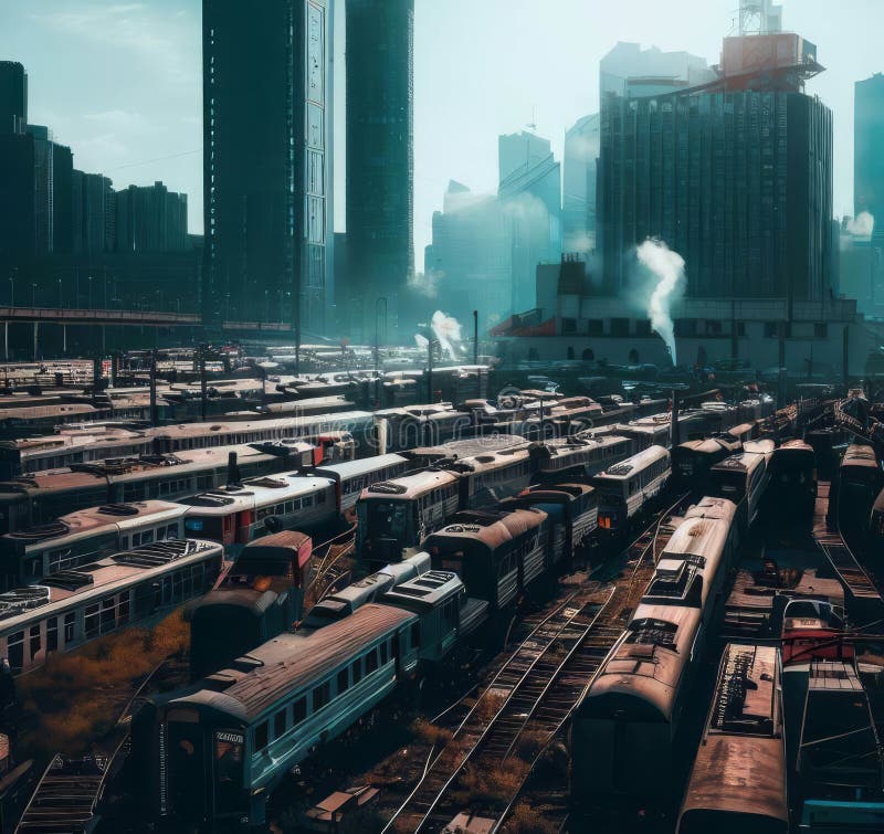 A Graveyard of Trains stock illustration. Illustration of trains ...