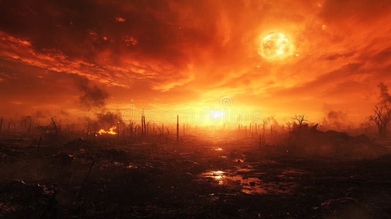 War-Torn Battlefield Under Apocalyptic Fiery Sky Stock Illustration ...