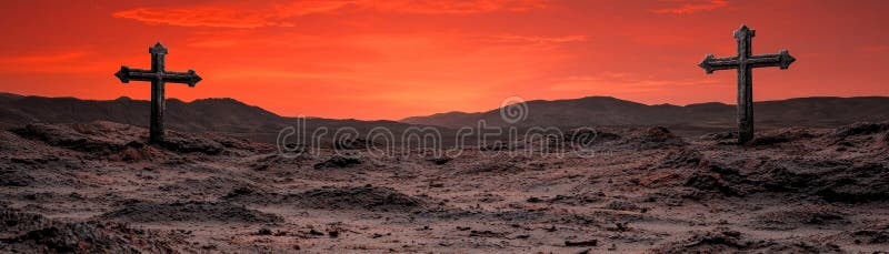 A Haunting Landscape Featuring Crosses Under a Dramatic Sunset and ...