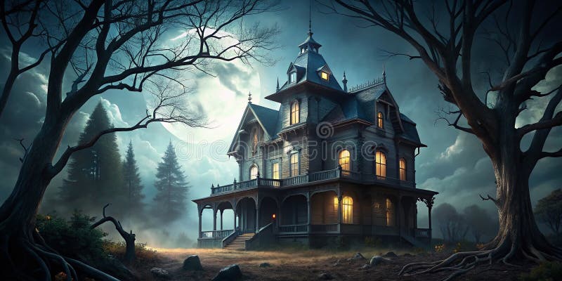 A Haunting Moonlight Scene a Spooky Mansion and Dark Woods Envelop in ...