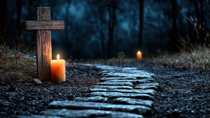Haunting Path with Candlelight and Wooden Cross in a Shadowy Forest ...