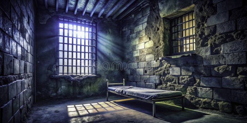 A Haunting Prison Cell Interior Stark Isolation Grimy Despair and Eerie ...