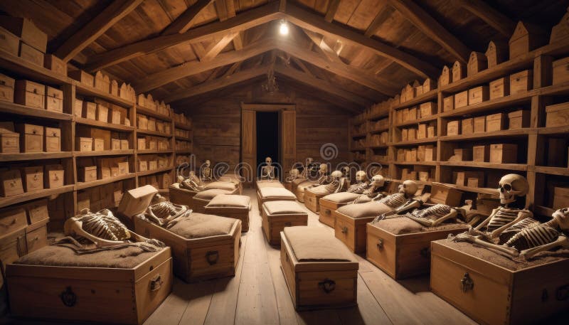 Eerie Skeletons Display in Rustic Cabin Stock Image - Image of creepy ...