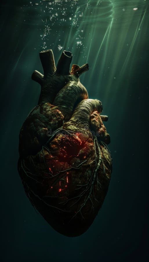 A Haunting Scene a Decayed Human Heart Sinking into Dark Waters with ...