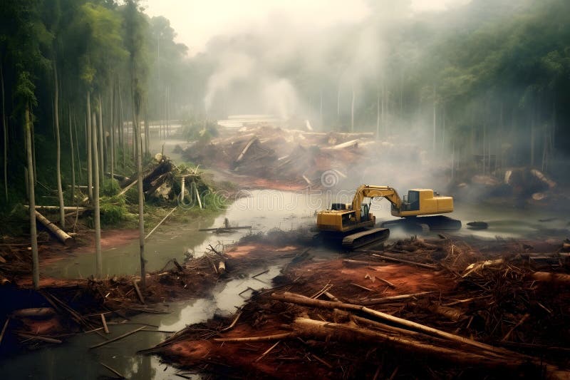 A Haunting Scene of Deforestation with a Bulldozer Clearing a Misty ...