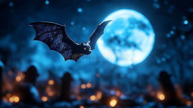 Spooky Bat Flying Over Haunted Graveyard at Full Moon Stock ...