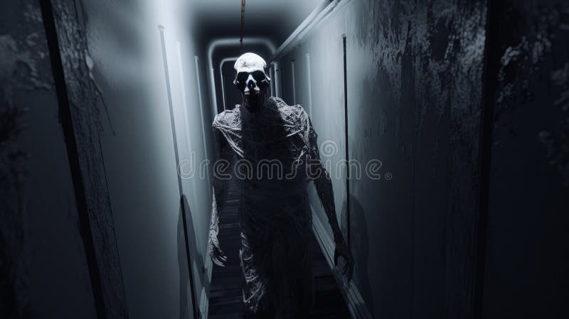 Skeletal Janitor: a Wire-made Ethereal Presence in the Dark Hallway ...