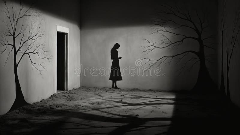 Haunting Shadows: a Black and White Woman at the Edge of a Tree Stock ...