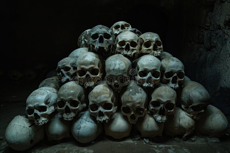 Haunting Stack of Human Skulls Presented in a Dark, Moody Atmosphere ...