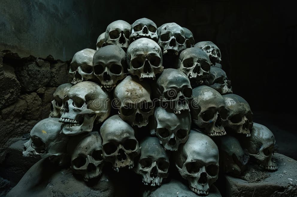 Haunting Stack of Human Skulls Presented in a Dark, Moody Atmosphere ...