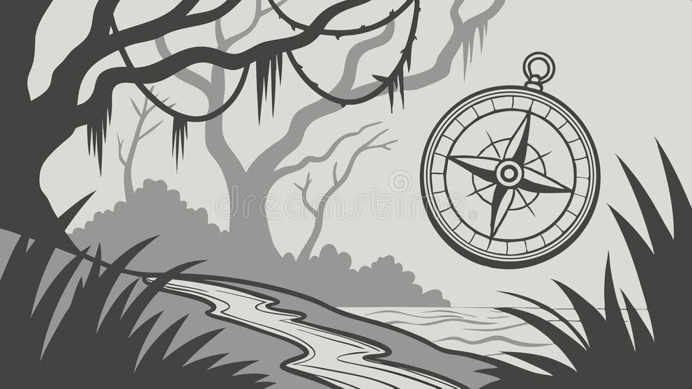 Compass in Spooky Forest with Bare Trees, Mysterious Path, Vector ...