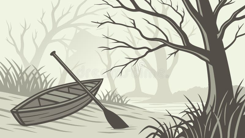 Empty Boat in Barren Forest, Mysterious Lake Scene Vector Design ...