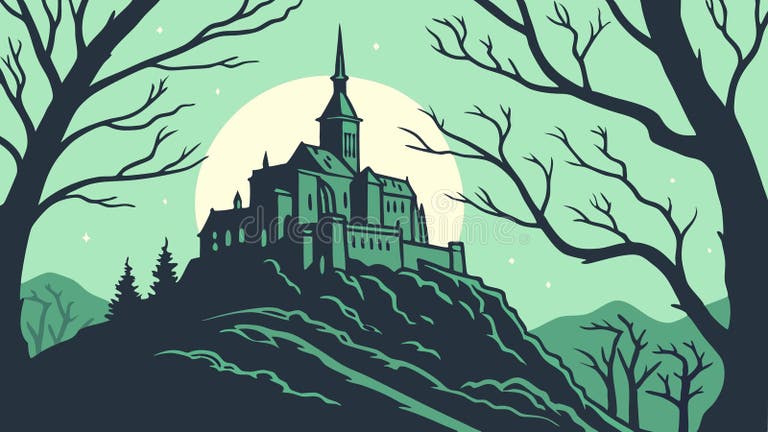 Dark Castle on Hill in Spooky Forest Vector Scene, Vector Design ...