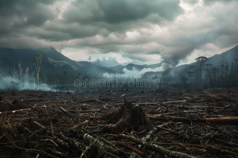 Eerie Scene of Deforestation with Mist and Smoke Lingering Over Felled ...
