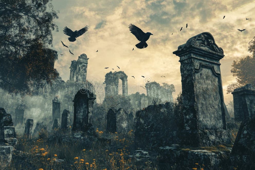 A Haunting View of a Graveyard with Crows Flying Overhead Stock ...