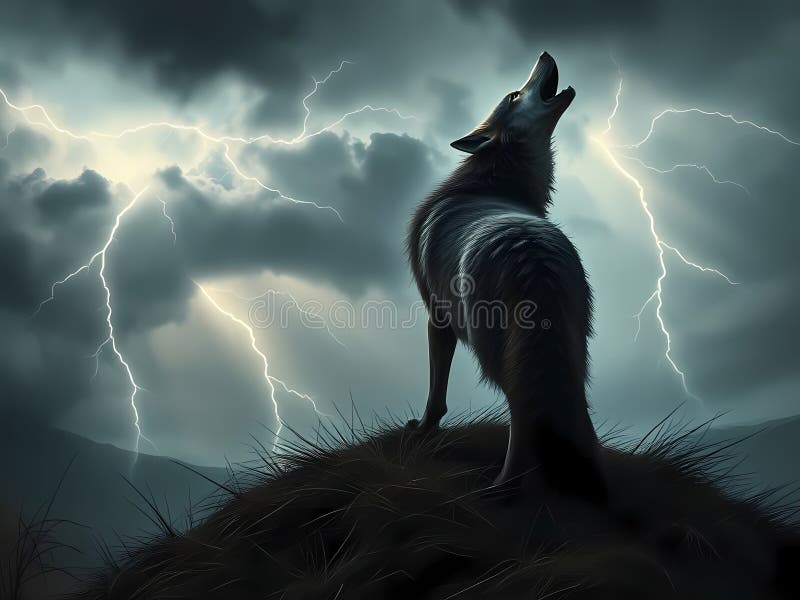 A Haunting View of a Wolf on a Windswept Hill, Howling As Thunder Roars ...