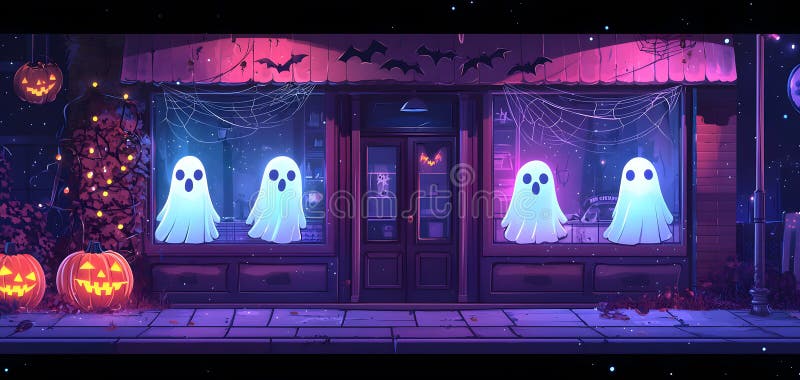 Hauntingly Beautiful Halloween Storefront with Ghostly Decorations ...