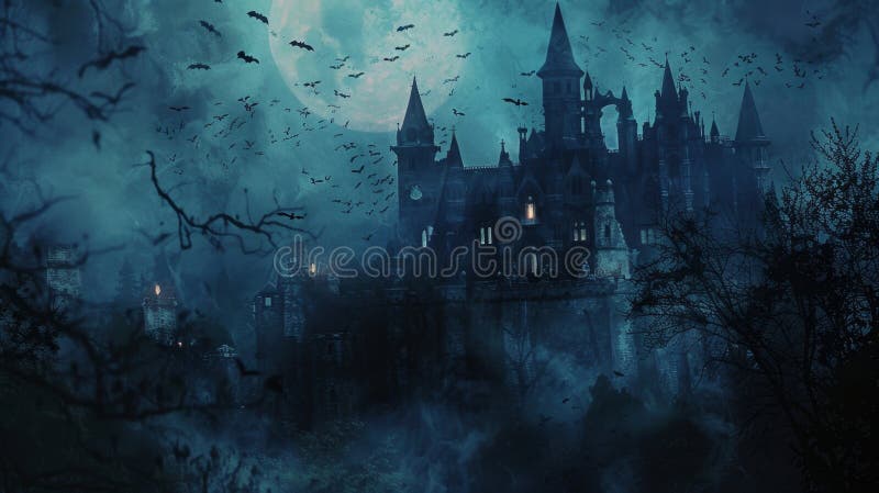 Eerie Haunted Castle at Night with Bats in Moonlight, Generative AI ...