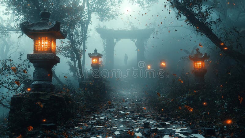 Mystical Foggy Shrine Path with Glowing Lanterns Stock Illustration ...