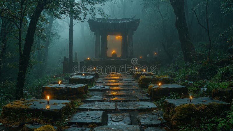 Mystical Foggy Shrine Path with Glowing Lanterns Stock Illustration ...