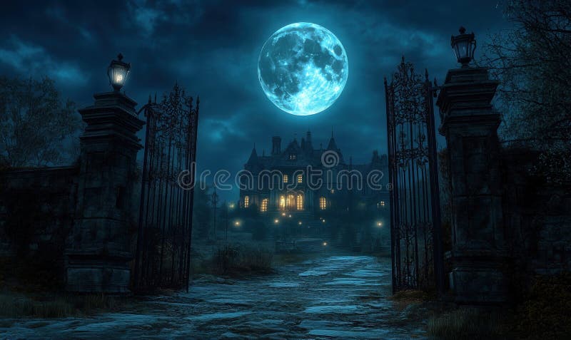 Hauntingly Beautiful Moonlit Mansion Surrounded by Eerie Atmosphere and ...