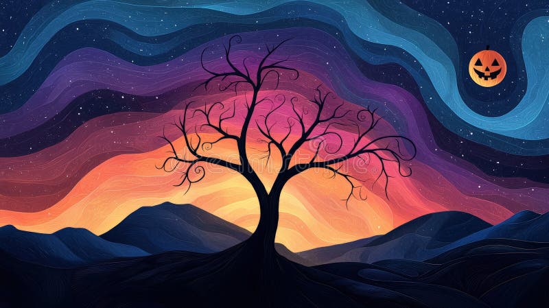 Hauntingly Beautiful Tree Silhouette with Colorful Sunset and Moonlit ...