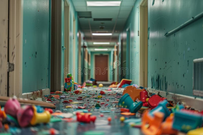 Hauntingly Empty Corridor Littered with Colorful, Discarded Toys Stock ...