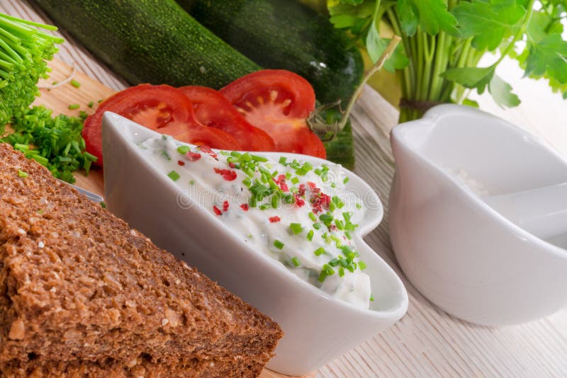 Have Breakfast Curd with Chives Stock Photo - Image of chopped, junket ...